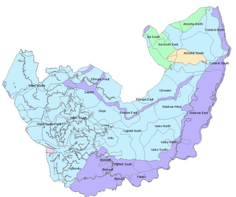 Map of Delta state showing 25 local government areas · Soluap