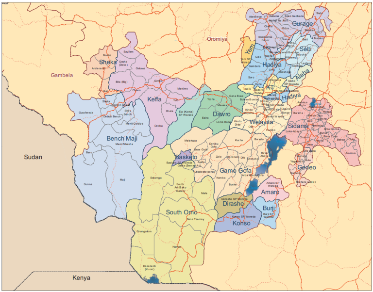 Map of Southern Nations, Nationalities, and Peoples' Region (SNNP ...